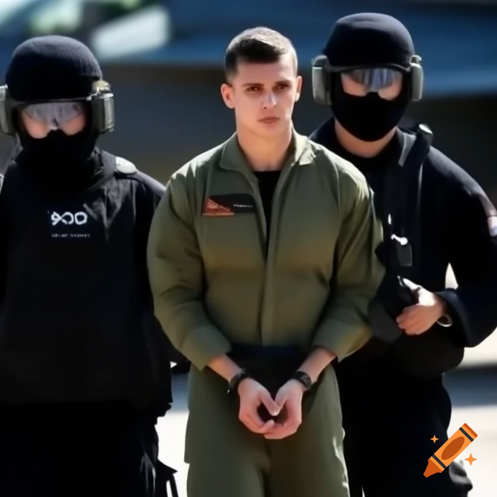 Young man in olive flightsuit escorted by soldiers with jet fighter in ...