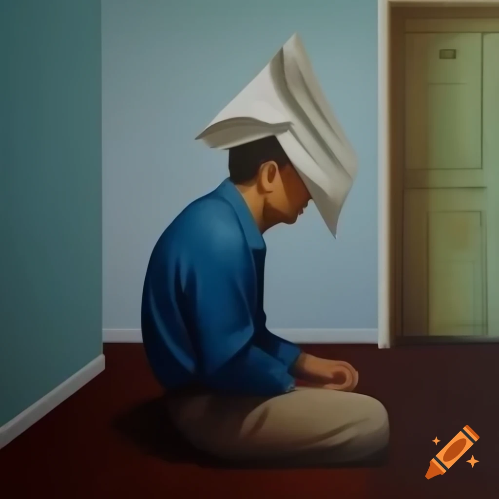 Acrylic painting of a man with a sheet over his head in a simple room ...