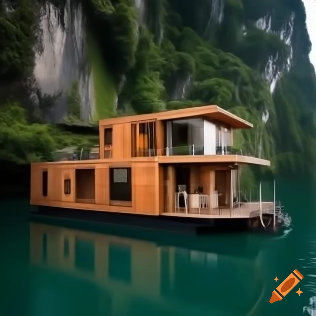 Modern elegant narrow two-storey wooden houseboat with glass sides and ...