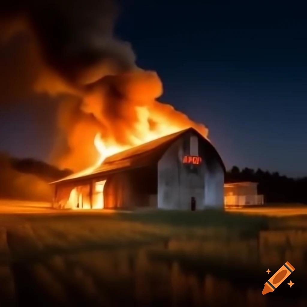 Barn on fire at night surrounded by field on Craiyon