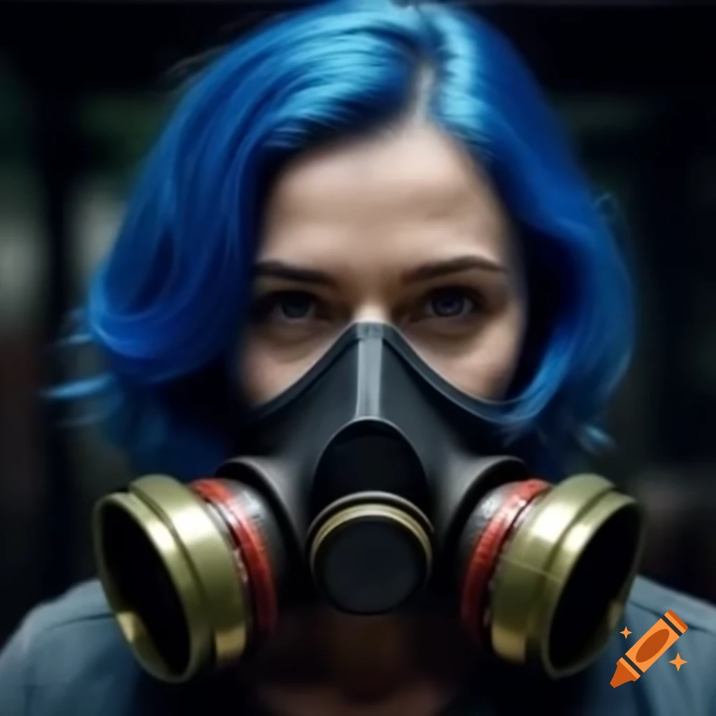 Blue-haired woman wearing full-face gas mask on Craiyon