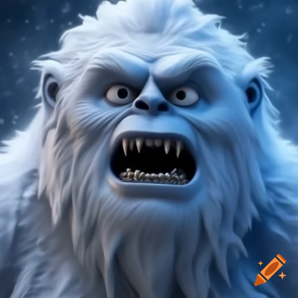 Detailed CGI yeti in snowstorm, half frozen with chattering teeth on ...