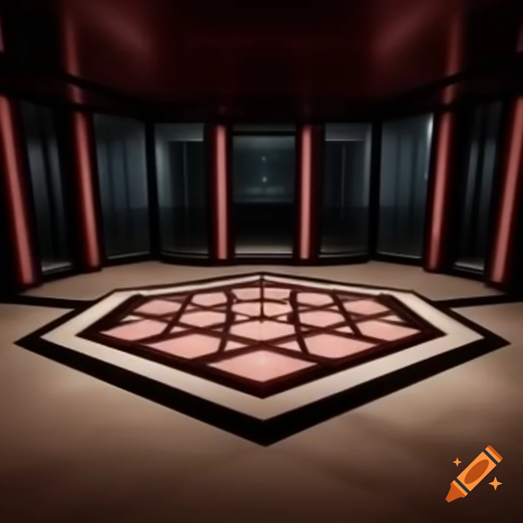 Dimly lit octagon room with glass walls and patterned tile floor on Craiyon