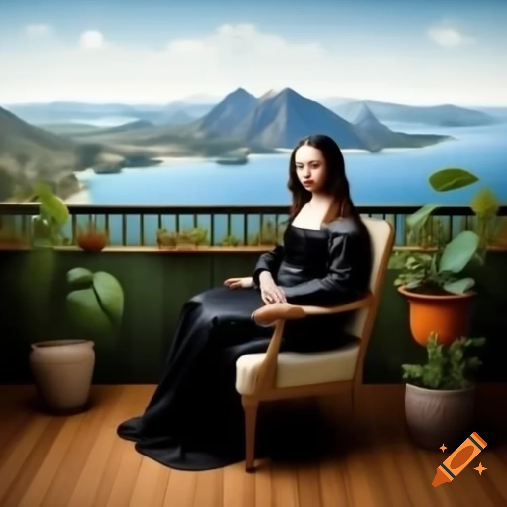 Photorealistic portrait of mona lisa on a balcony overlooking vast ...