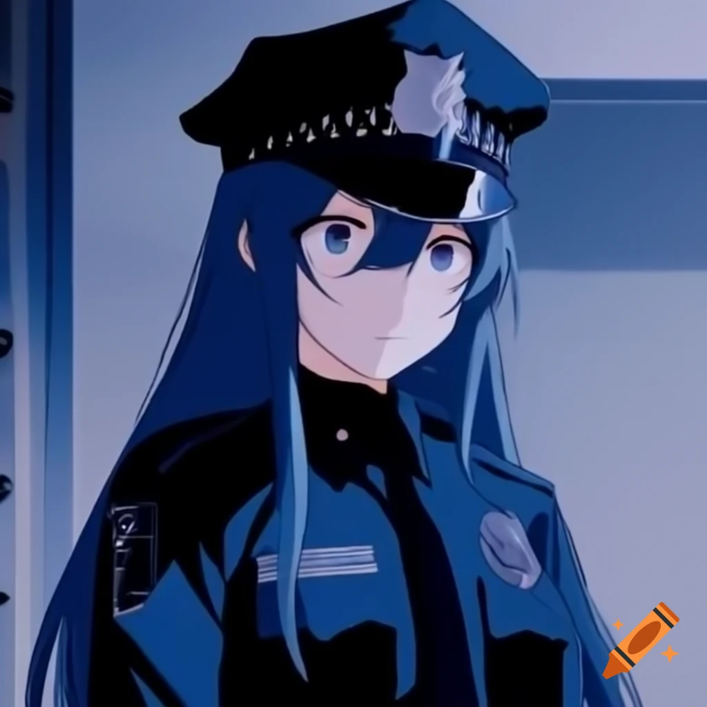Anime-style police officer with long dark blue hair on Craiyon