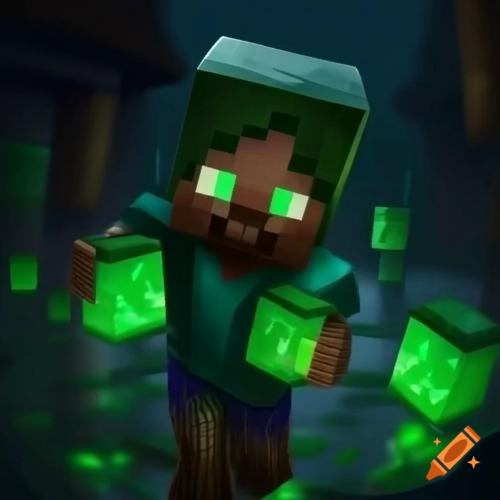 Realistic Minecraft villager in emerald colors during a rainy night on ...