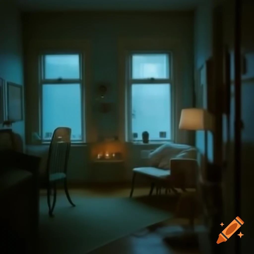 Cozy dimly lit room with vintage decor and rainy street view at night on Craiyon