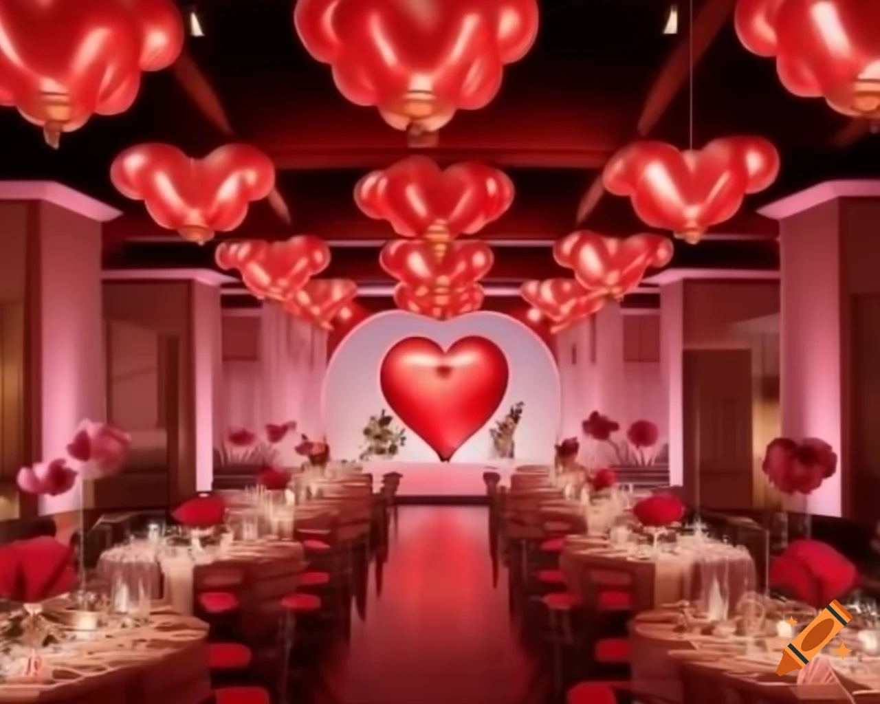 Elegant Valentine's Day event room with heart-shaped balloons and silk ...