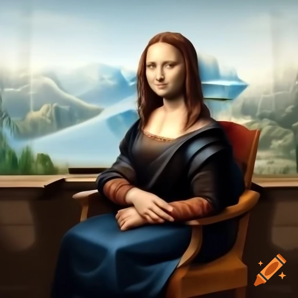 Photorealistic portrait of Mona Lisa on a balcony overlooking vast ...