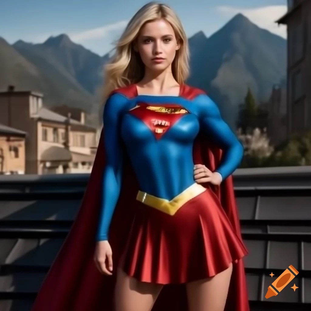 Concept art of Supergirl on a roof in mountain town, observing below on Craiyon