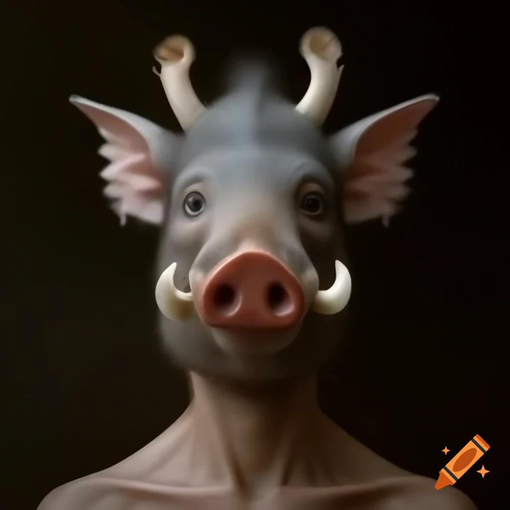 Surreal human head with wild boar snout, elephant ears, and feline eyes ...