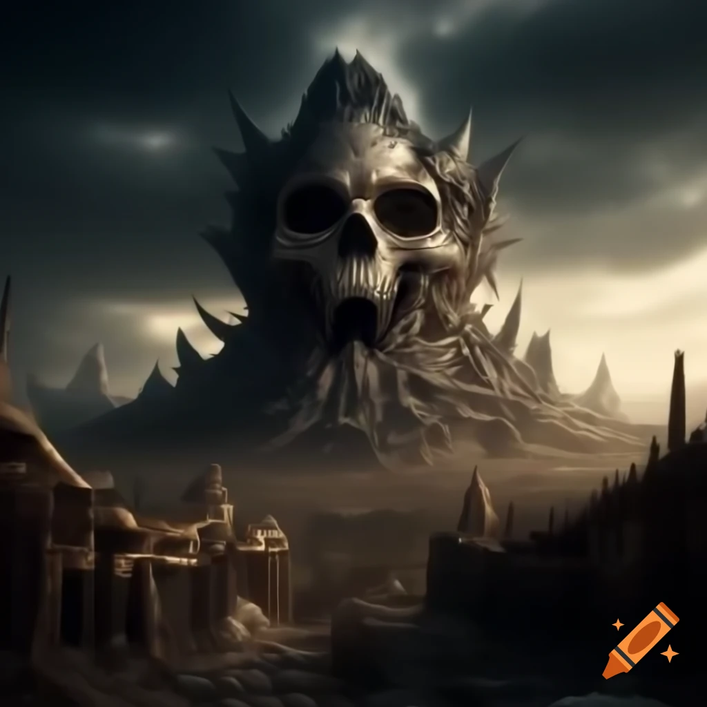 Dark fantasy scene with giant skull mountain and post-apocalyptic home ...