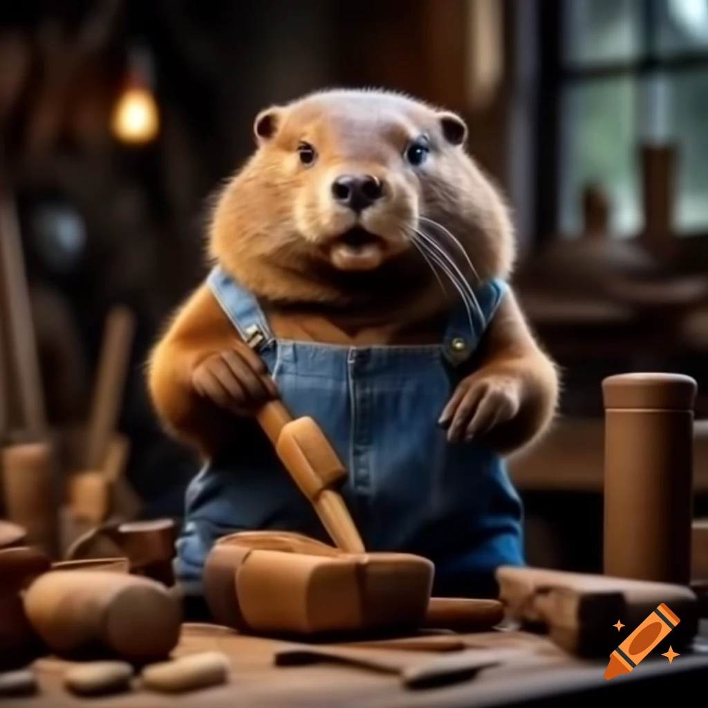 Beaver in overalls crafting in cozy workshop, highlighting woodworking ...
