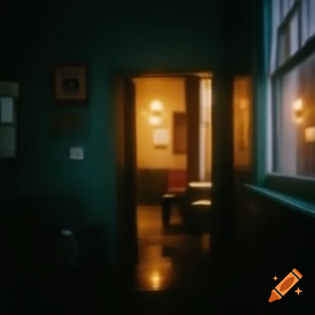 Cozy dimly lit room with vintage decor and rainy street view at night ...