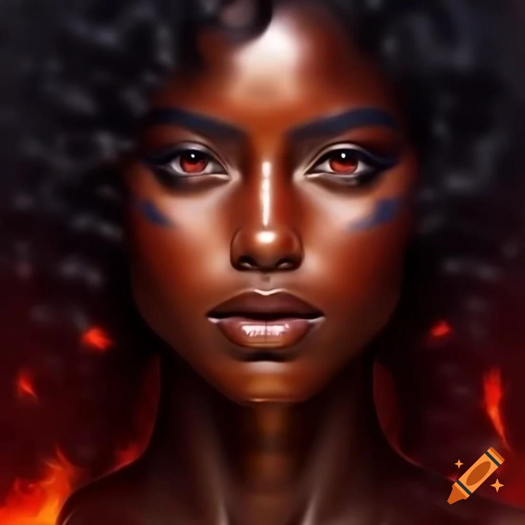 Photorealistic headshot of a female supermodel with amber-bronzed skin and dark curls on Craiyon