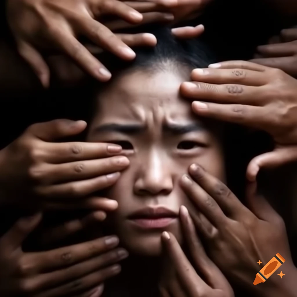 Close-up of woman's face covered by many hands, one eye showing intense ...