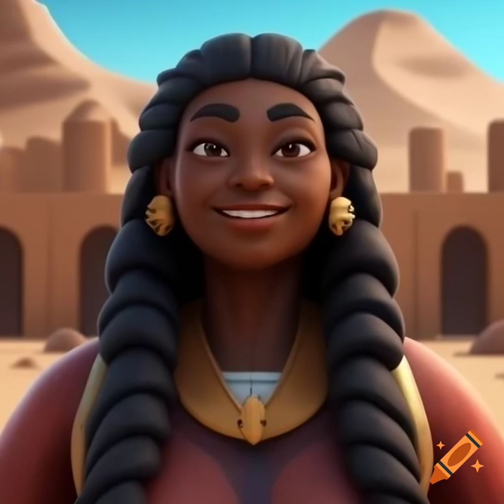 Realistic 3D character of Queen Amanitore of Nubia smiling in front of ancient desert palace on ...