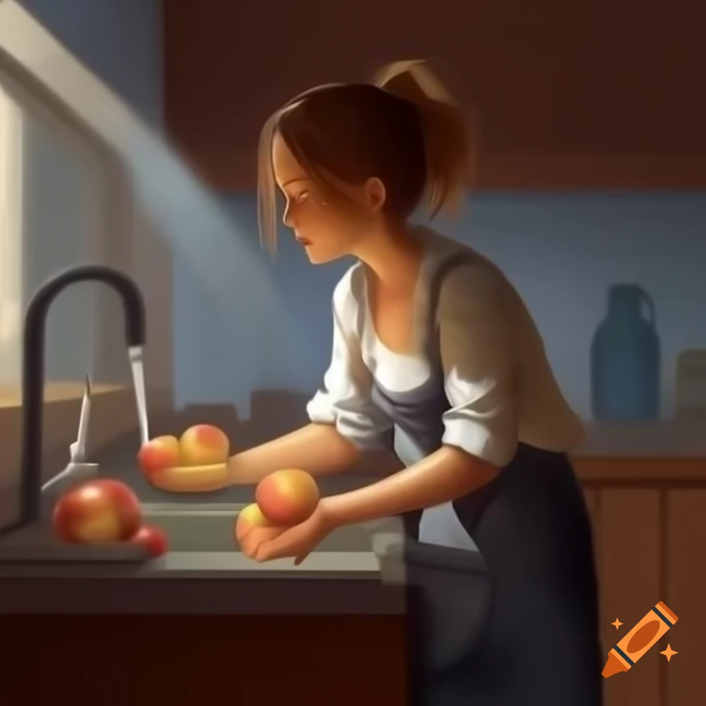 Young woman washing apples in cozy kitchen with natural light on Craiyon