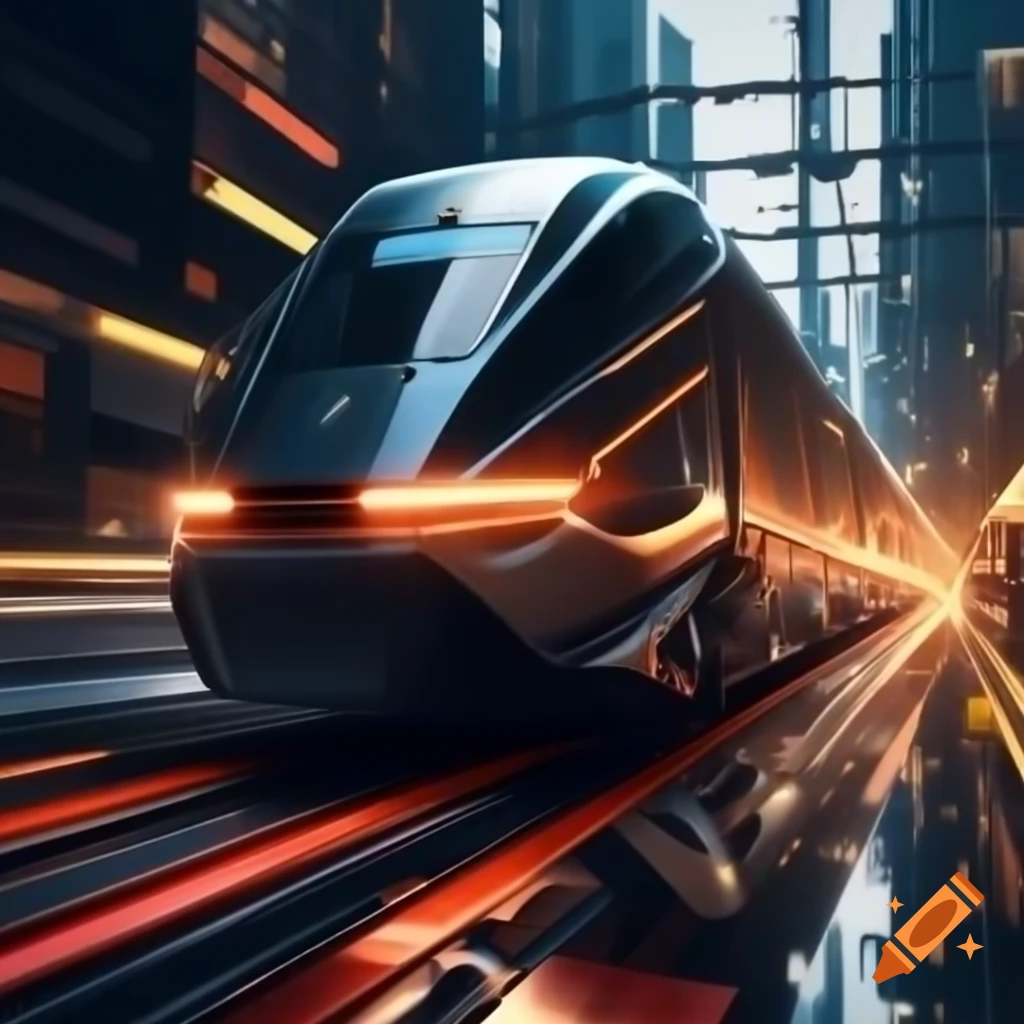 Futuristic hypertrain in digital city leaving trail of light on Craiyon