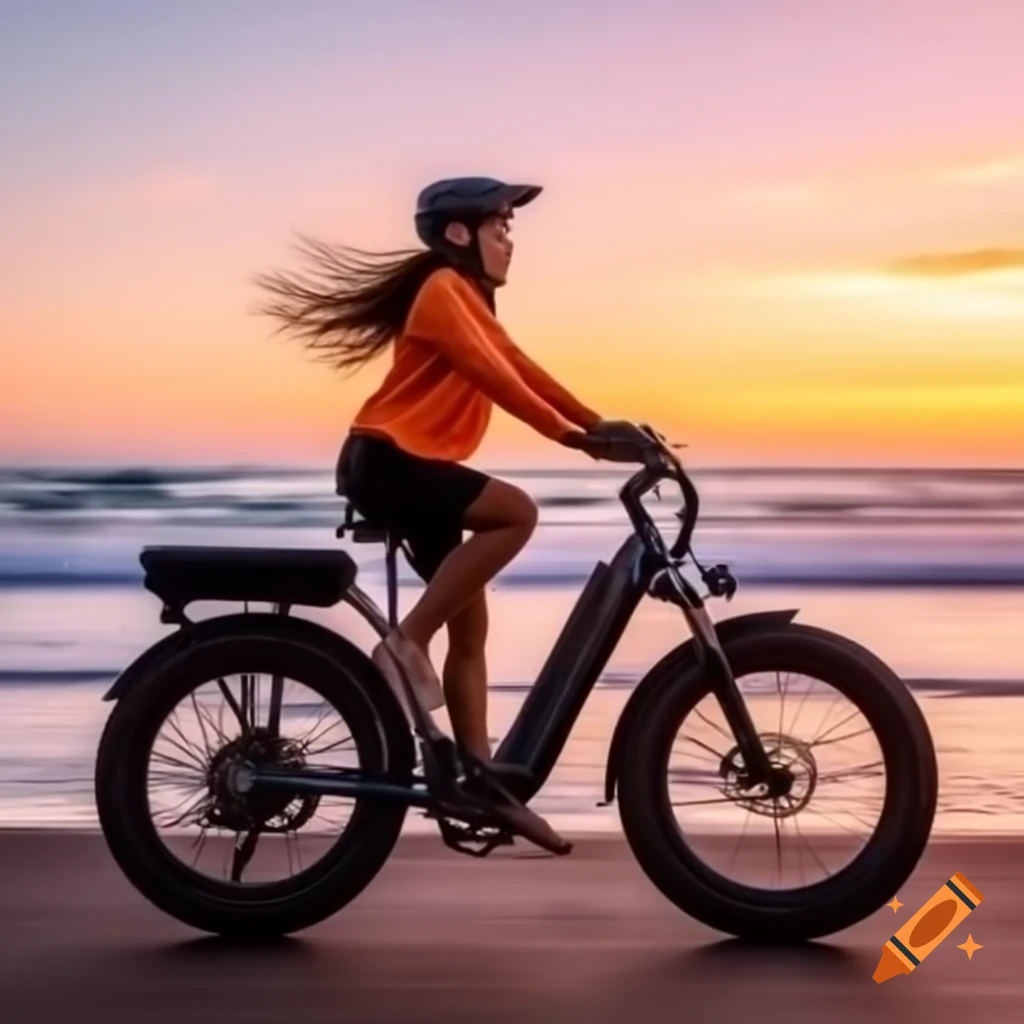 Woman riding electric bike on beachside path at sunset with ocean waves ...