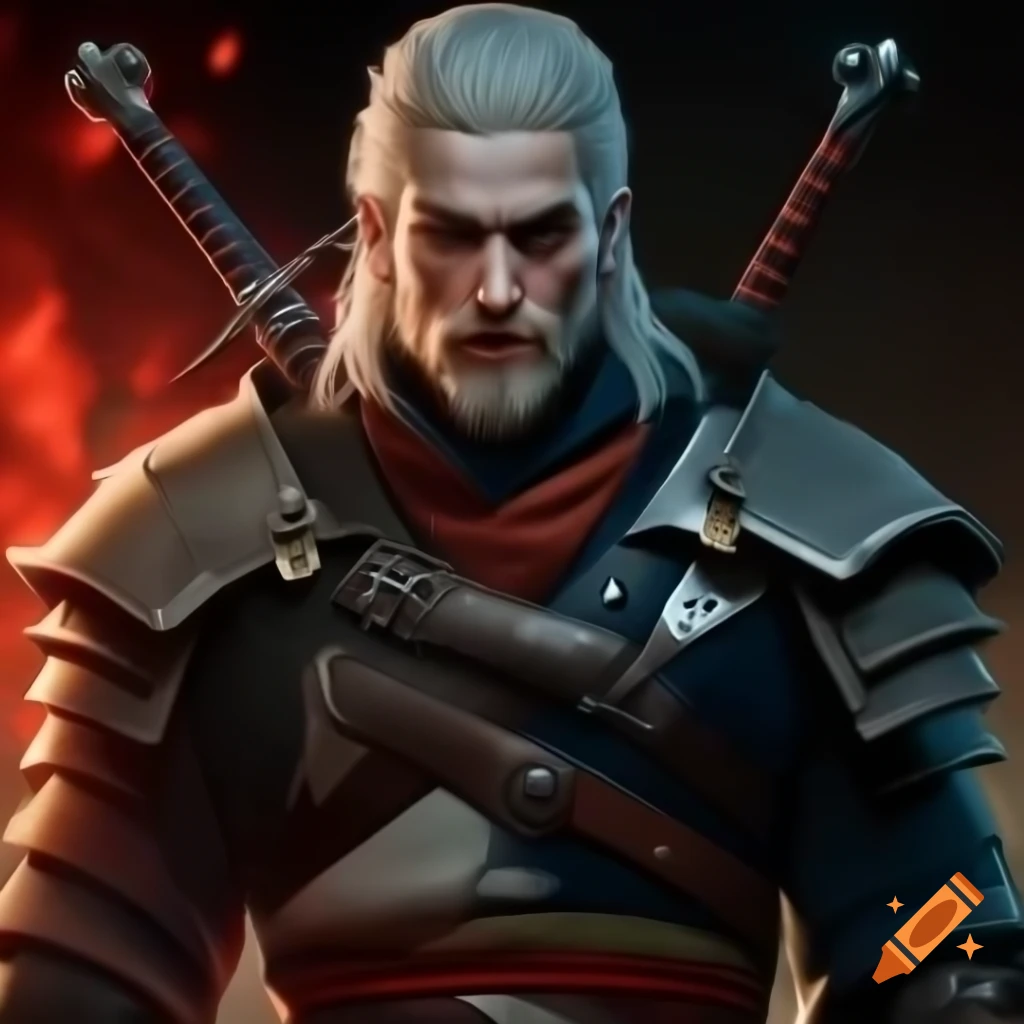 Young male Witcher with two-handed sword in futuristic armor surrounded ...