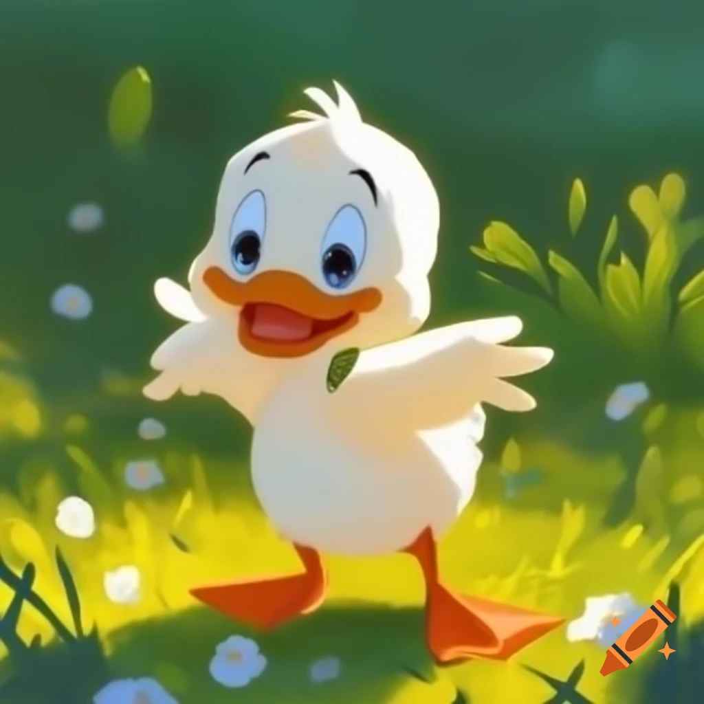 Happy duckling playing in meadow, disney style on Craiyon