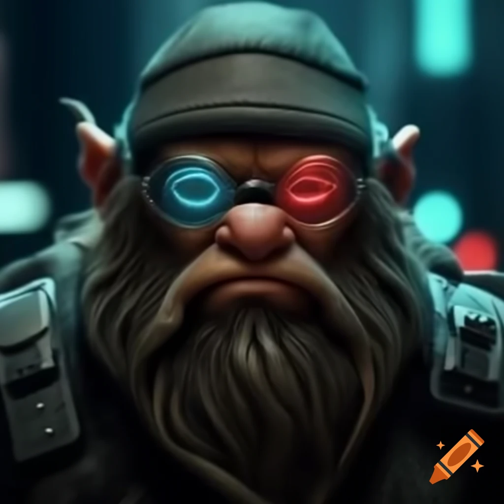 Cyberpunk dwarf with futuristic goggles, scowling expression on Craiyon