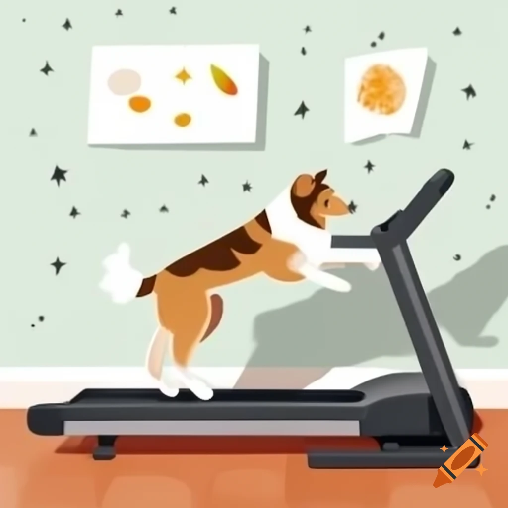 Fluffy aussie doodle running on treadmill in playful manner, simple art ...