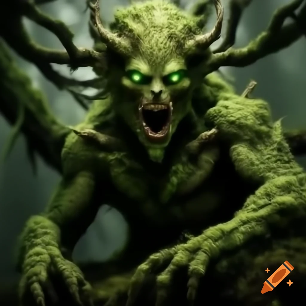 Tall tree-like creature with glowing emerald eyes and sharp teeth in ...