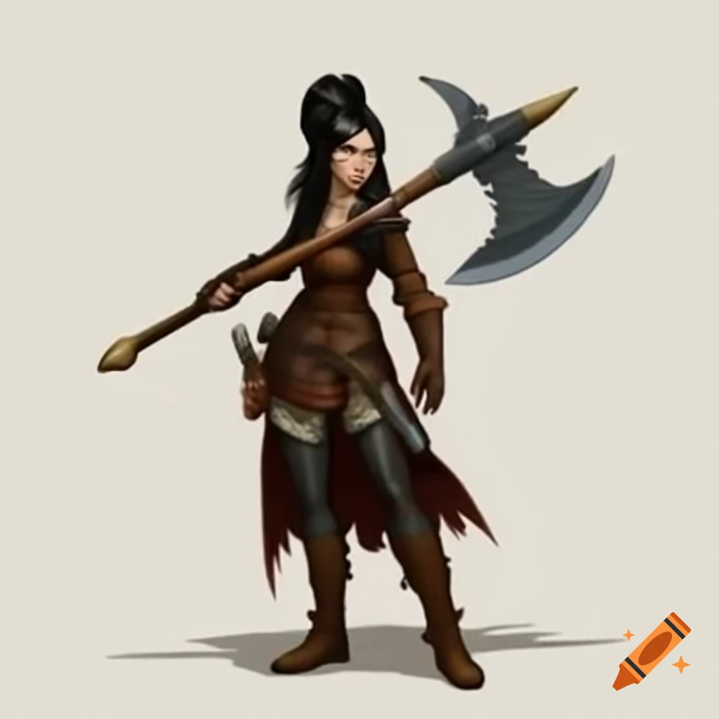 Medieval warrior woman with black ponytail and two-handed axe, role ...
