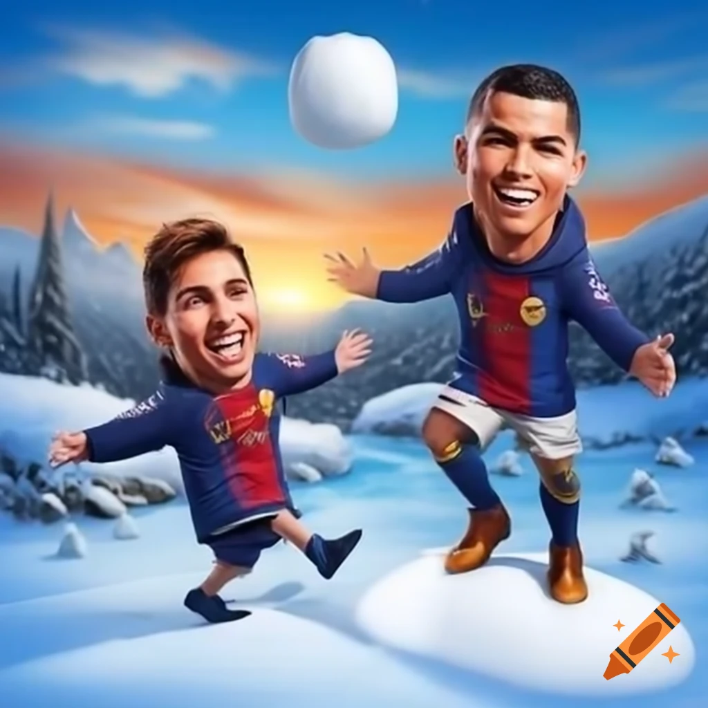 Cristiano Ronaldo and Lionel Messi in winter clothes having a snowball ...