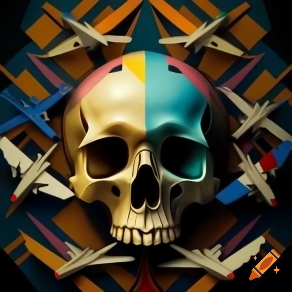 Cubist fragmented skull with vibrant colors and angular shapes on Craiyon