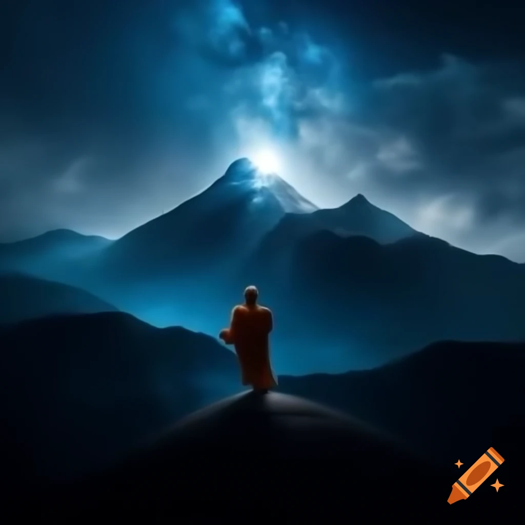 Monk on mountain edge at day and night split, inspirational quote on ...
