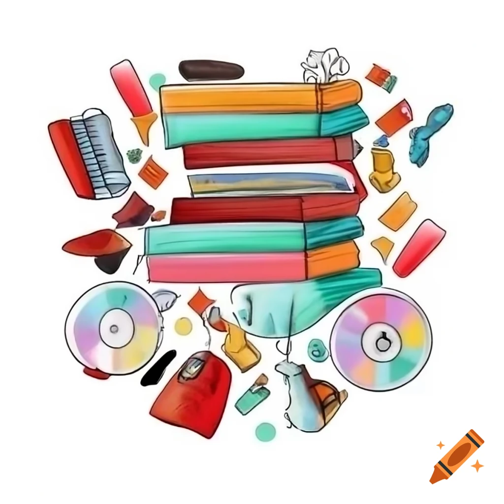 Vibrant collage of pre-loved books, DVDs, and clothing items on Craiyon