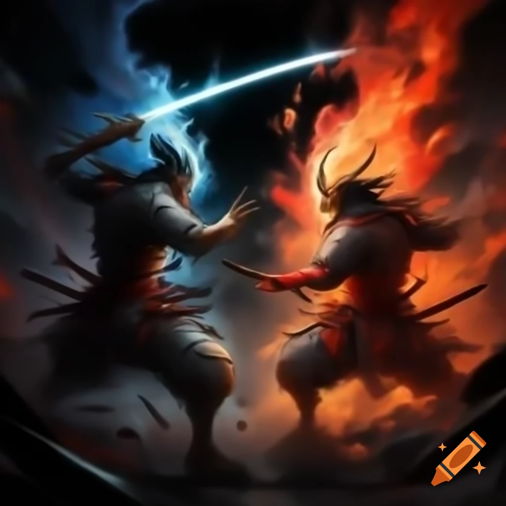 Anime illustration of two samurai in combat with swords clashing on Craiyon