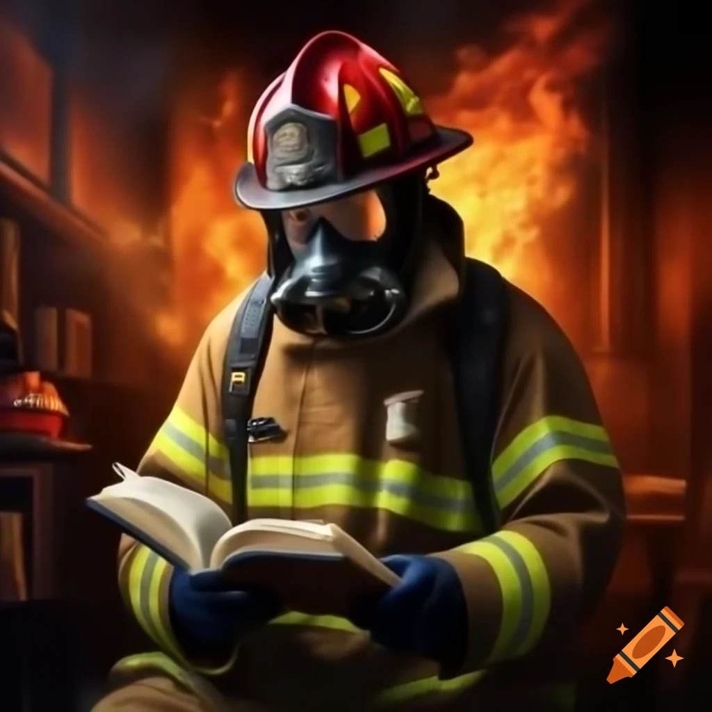 Fireman in mask reading book in burning room on Craiyon