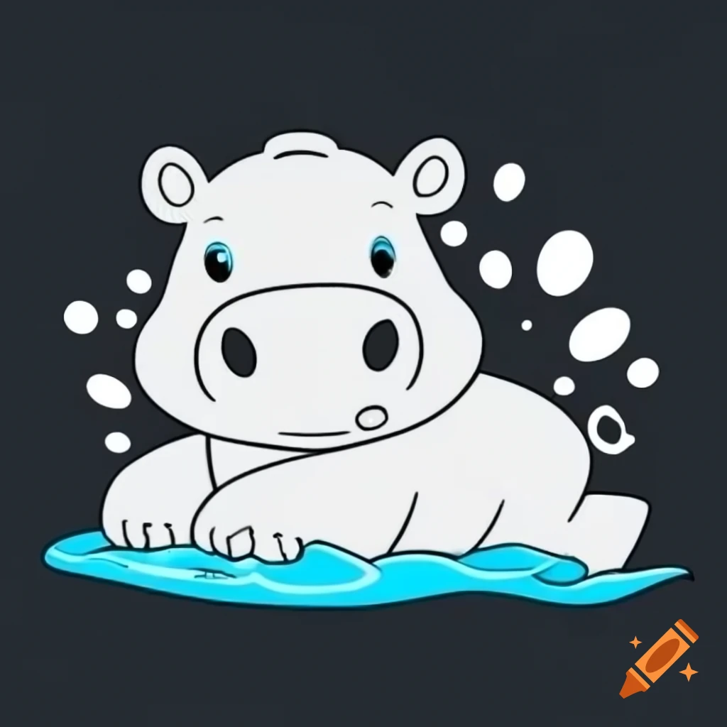 Cartoon hippopotamus relaxing in river with playful splashes, black and ...