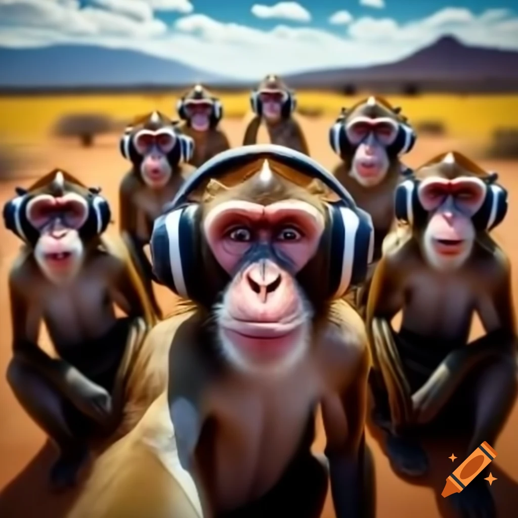 Group of monkeys with gaming headsets taking a selfie in the savanna on Craiyon