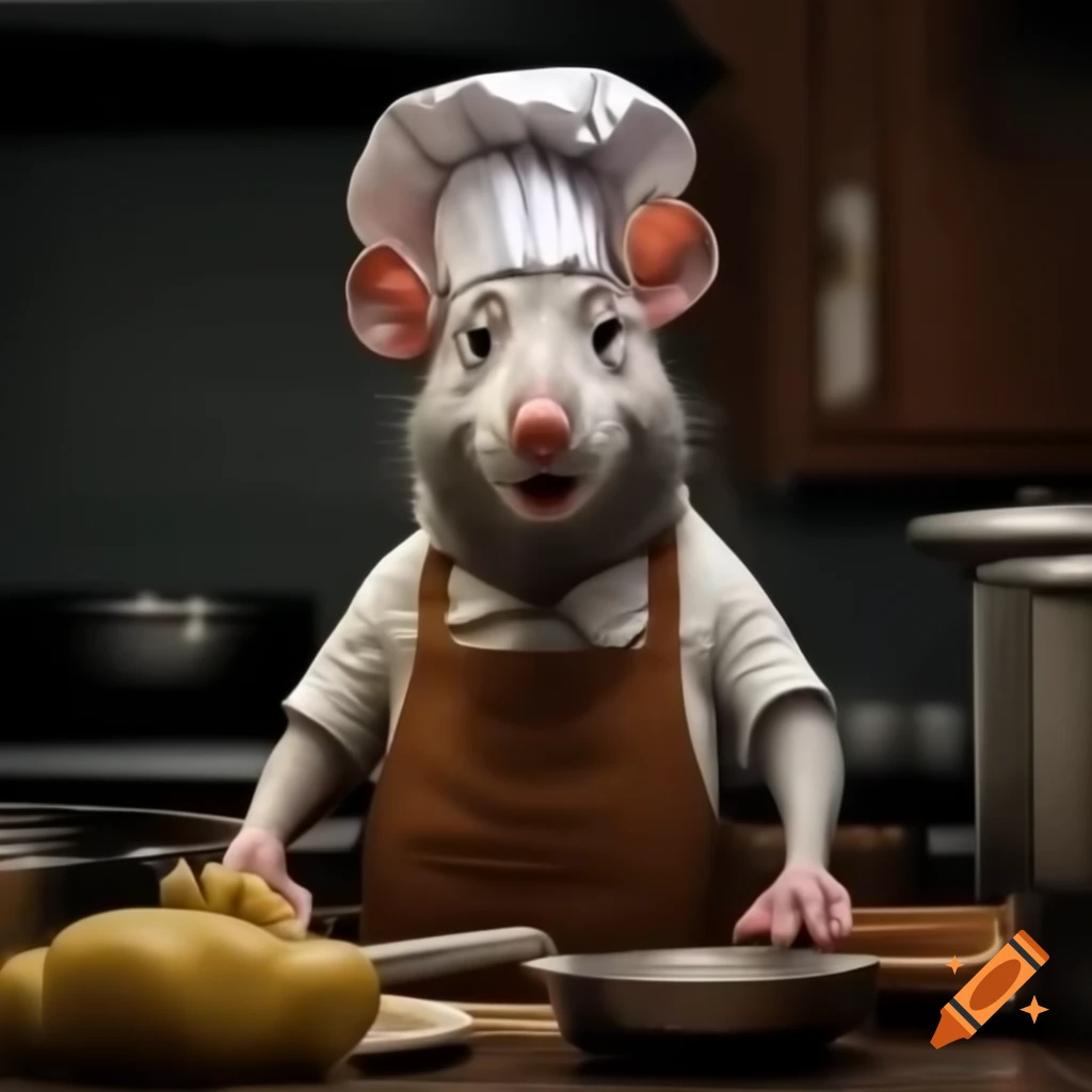 Anthropomorphic rat in chef hat and apron with shocked expression in ...