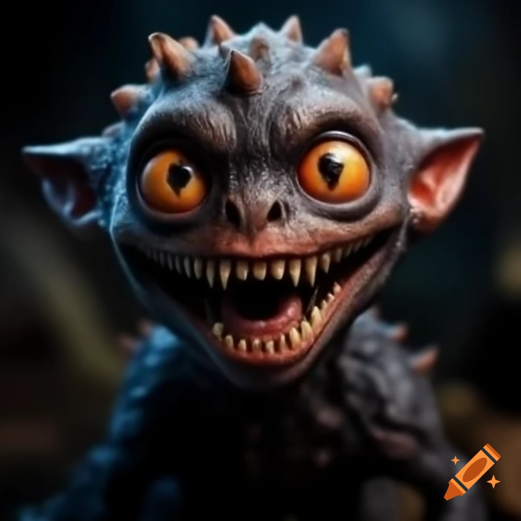 Realistic spooky creature with big eyes and sharp teeth smiling on Craiyon