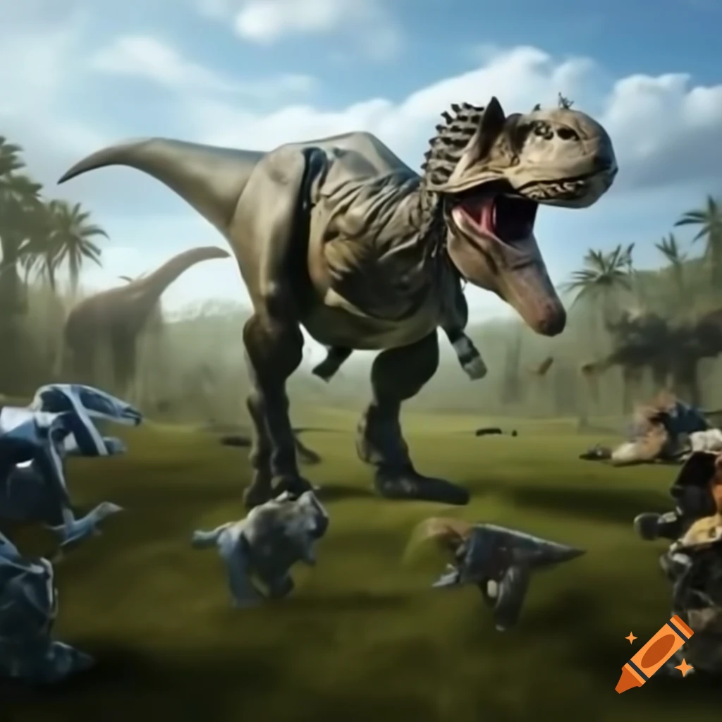 Dinosaur vs robot battle in a large field with opposing sides on Craiyon
