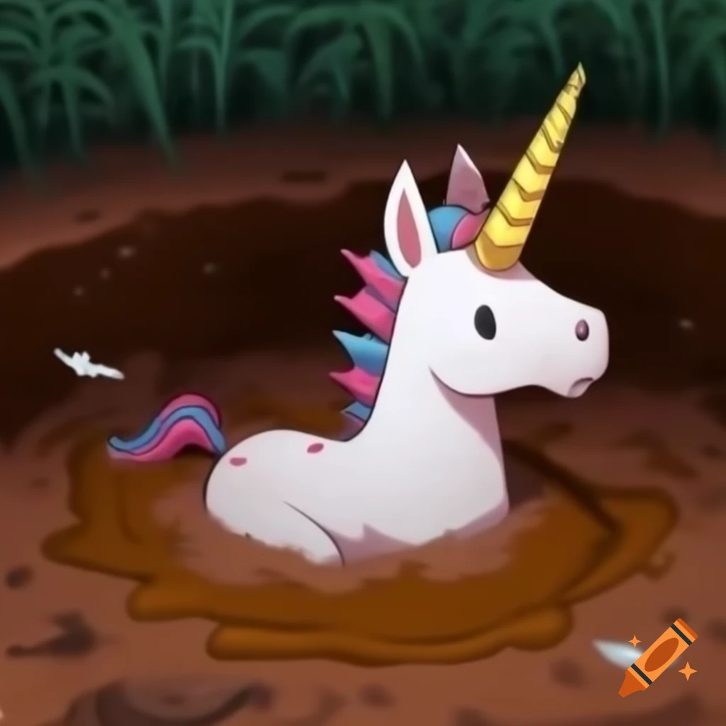 Anime manga style white unicorn head blushing in mud pit surrounded by ...