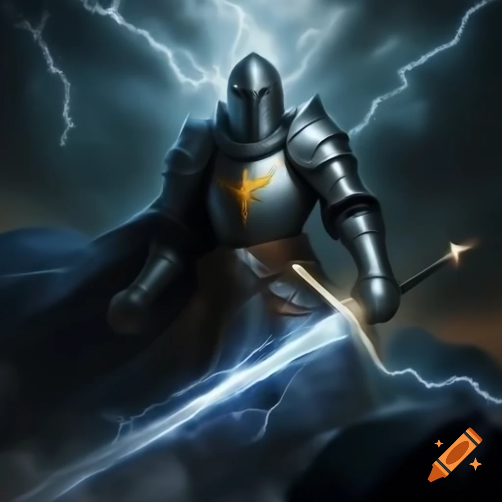 Knight titled 'The Storm Sentinel' wielding large sword and lightning ...