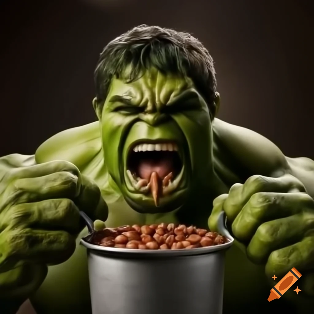 Hulk humorously eating a bucket of baked beans on Craiyon