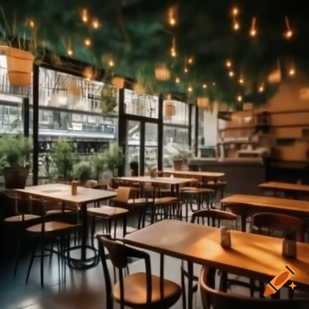 Cozy medium-sized café with wooden tables and vibrant atmosphere on Craiyon