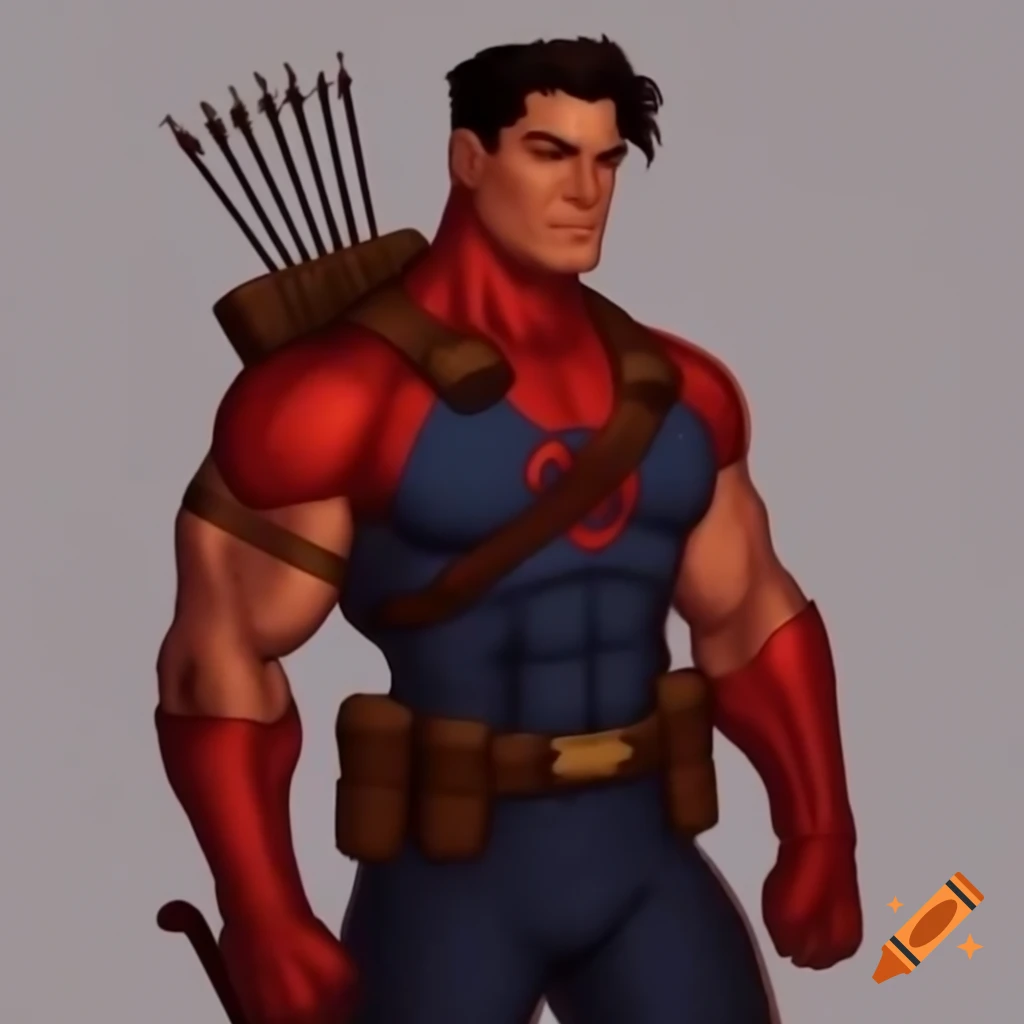 Latino superhero archer drawing bow in crimson uniform on Craiyon