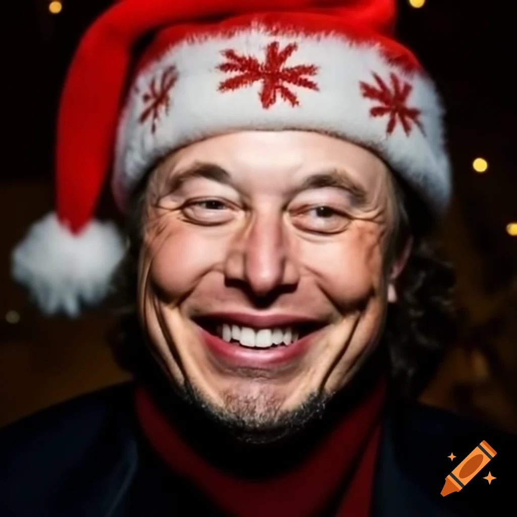 Elon Musk smiling cheerfully in a vibrant Christmas hat on Craiyon