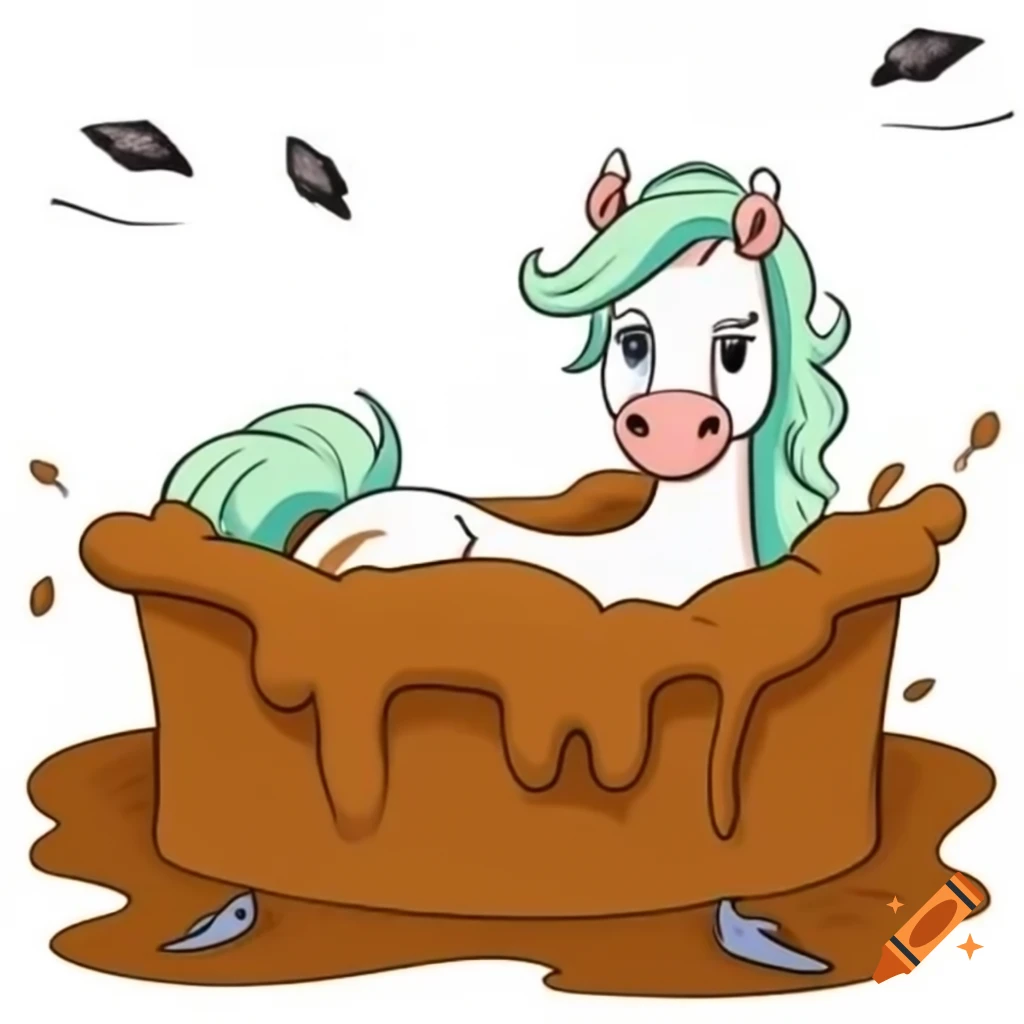 Anime styled colorful white horse head blushing in brown mud surrounded ...