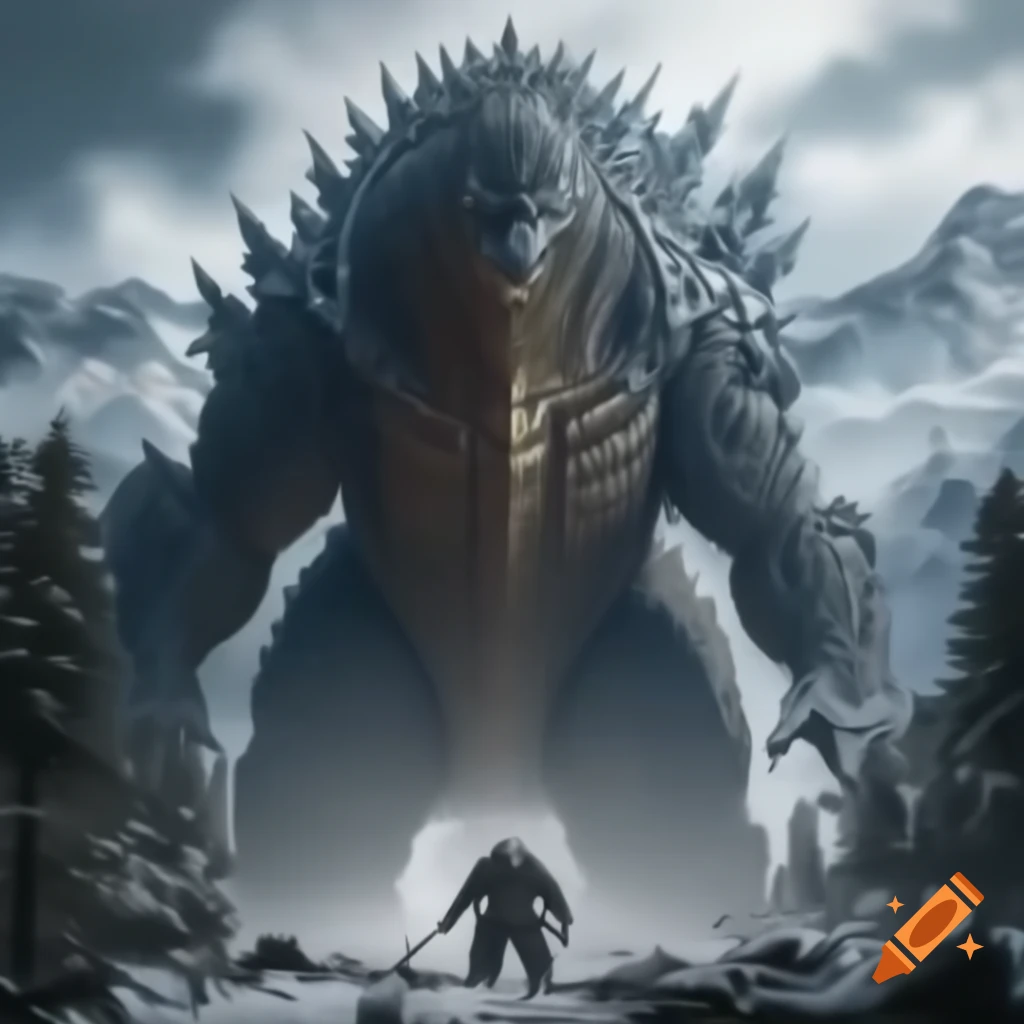 Colossal anime-style godzilla battles robot samurai in snowy mountains ...