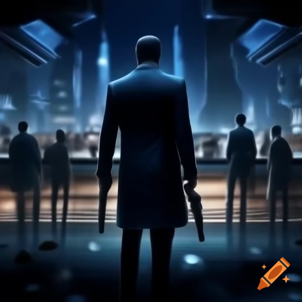 Suave secret agent at futuristic bar with glowing neon lights and alien ...
